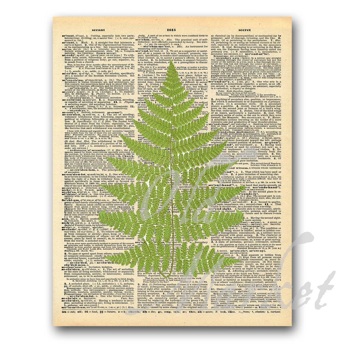 Fern Leaf on Vintage Dictionary Page Vintage Leaf Art Print | Etsy
