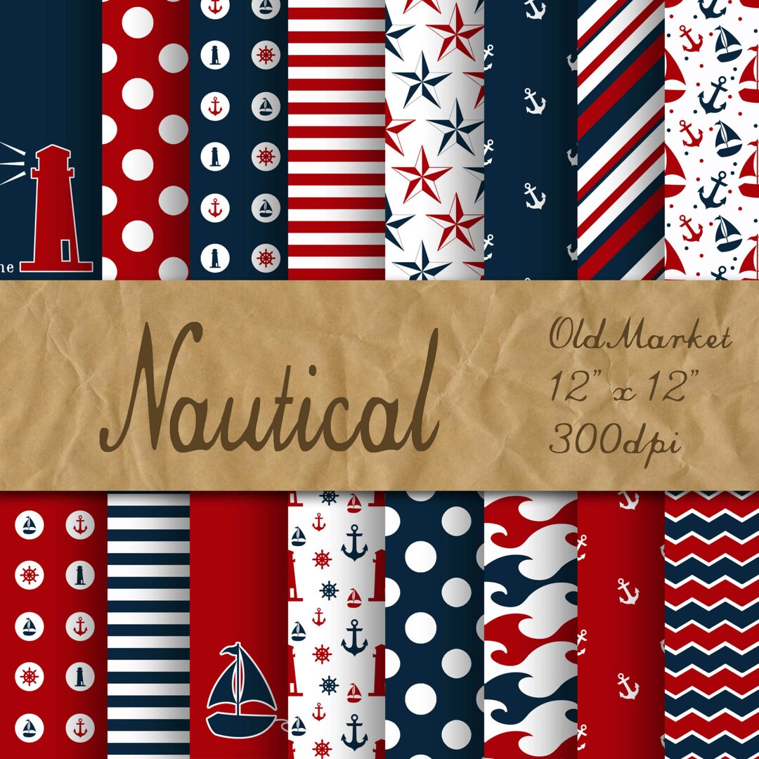 Nautical Digital Paper - Red and Navy Blue Backgrounds and Designs - 16 ...