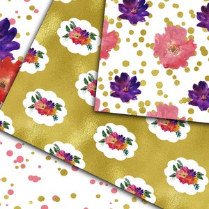 Floral and Gold Digital Paper - Watercolor Flowers and Shiny Gold ...