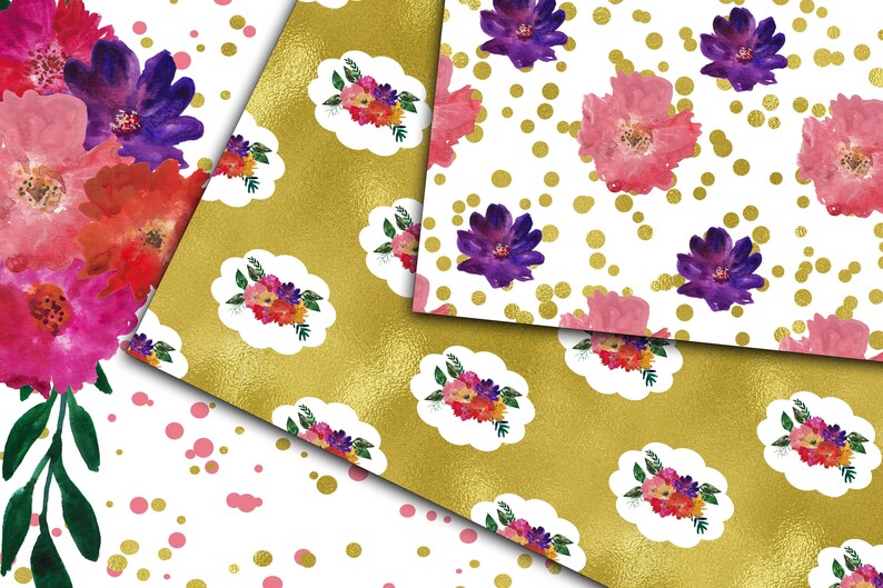 Floral and Gold Digital Paper - Watercolor Flowers and Shiny Gold ...