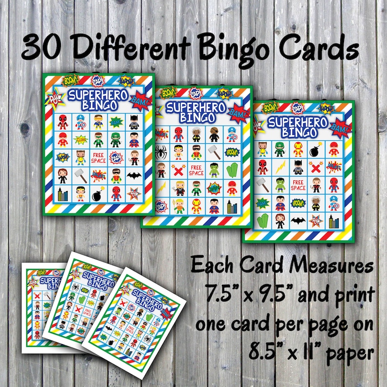 Superhero Bingo Printable Game - 30 Different Cards - Full Page Size ...