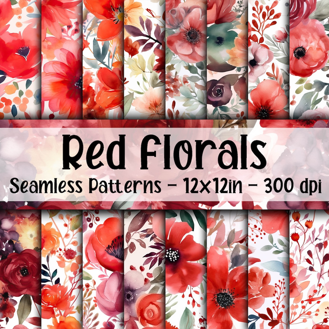 Red Floral SEAMLESS Patterns - Red Watercolor Flowers Digital Paper ...