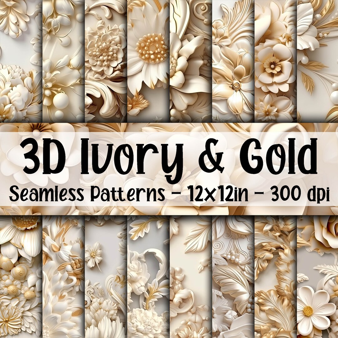 3D Ivory and Gold Floral SEAMLESS Patterns - 3D Ivory and Gold Flowers ...