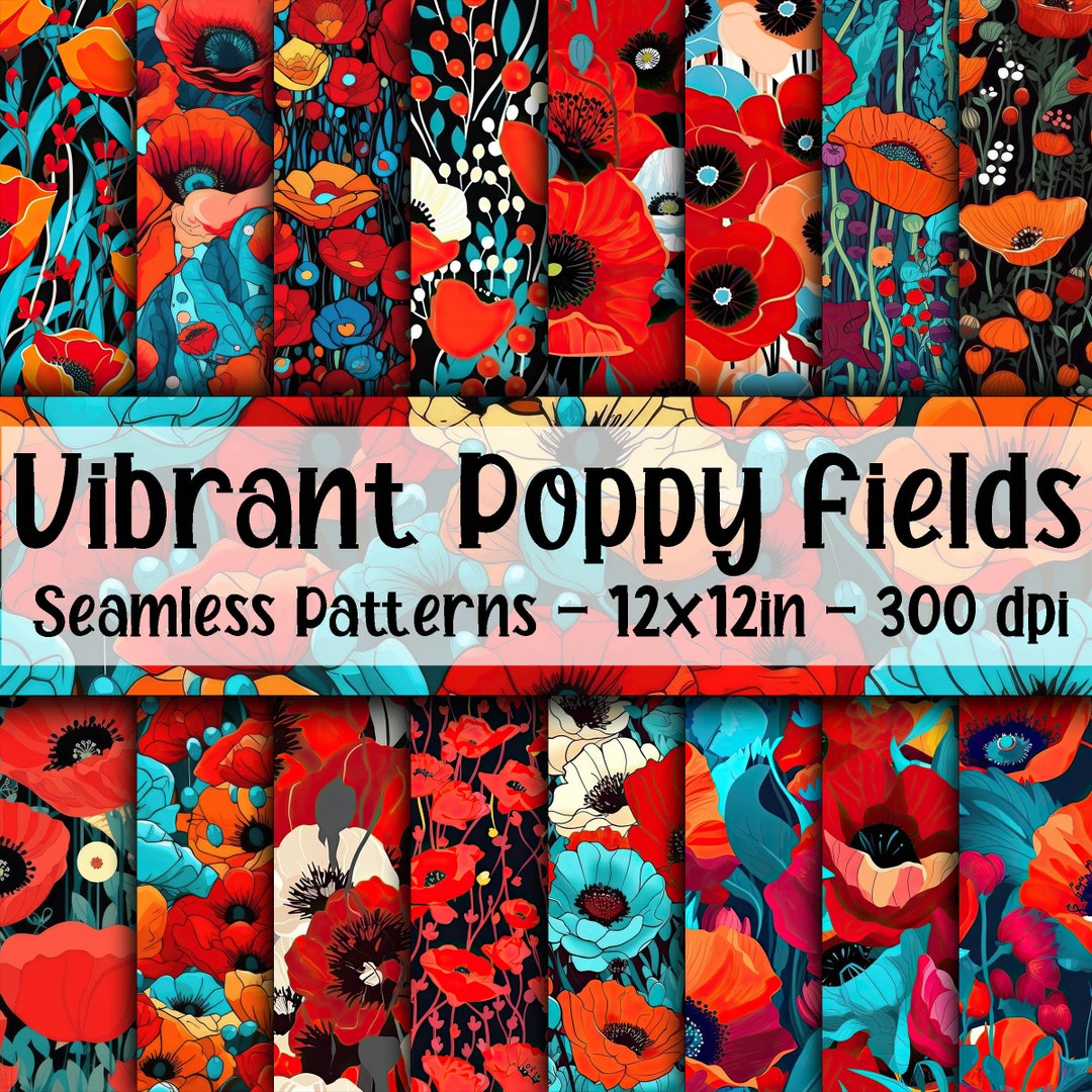 Vibrant Poppy Fields SEAMLESS Patterns - Red Poppies Digital Paper - 16 ...