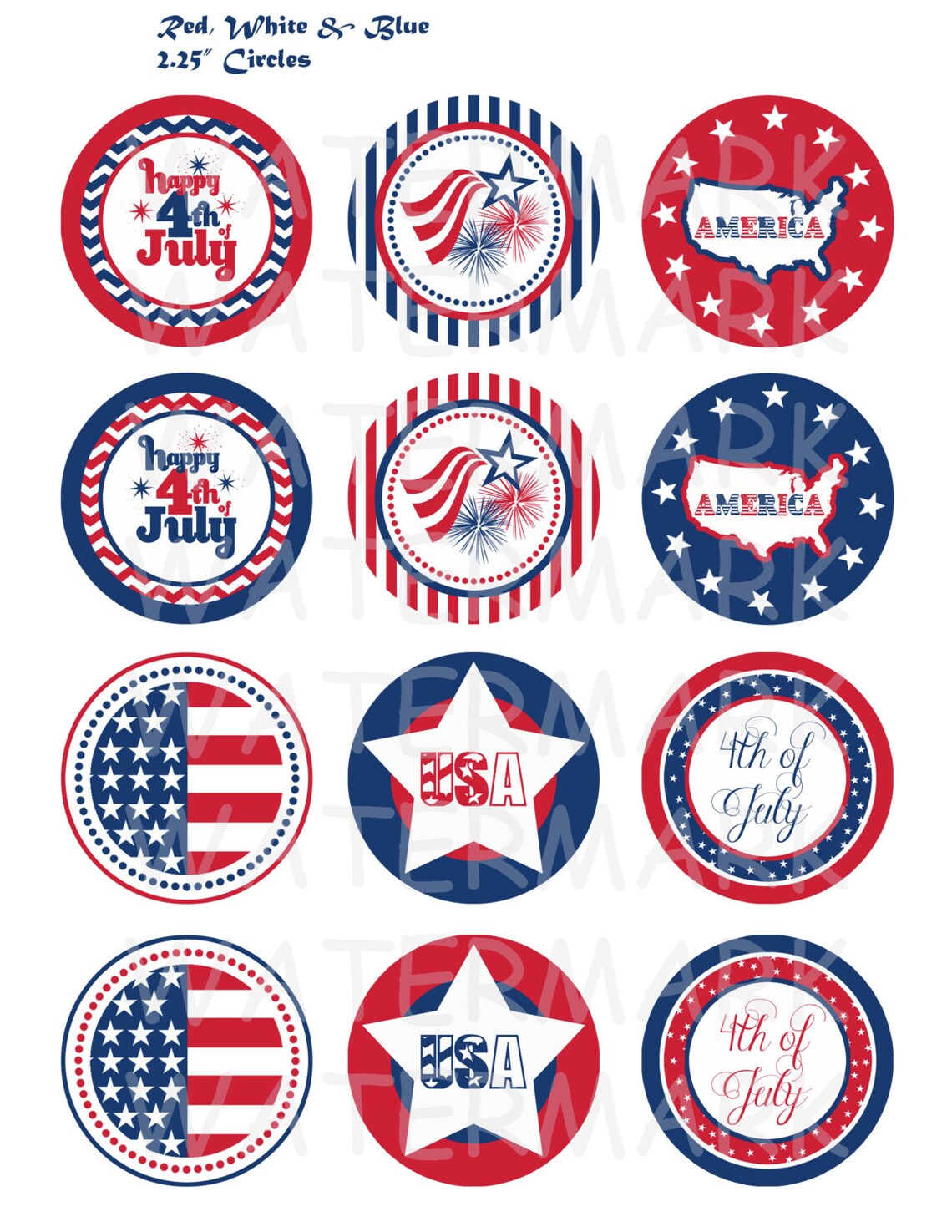 Red, White & Blue Patriotic Theme - Digital Collage Sheet - 2.25 Inch ...