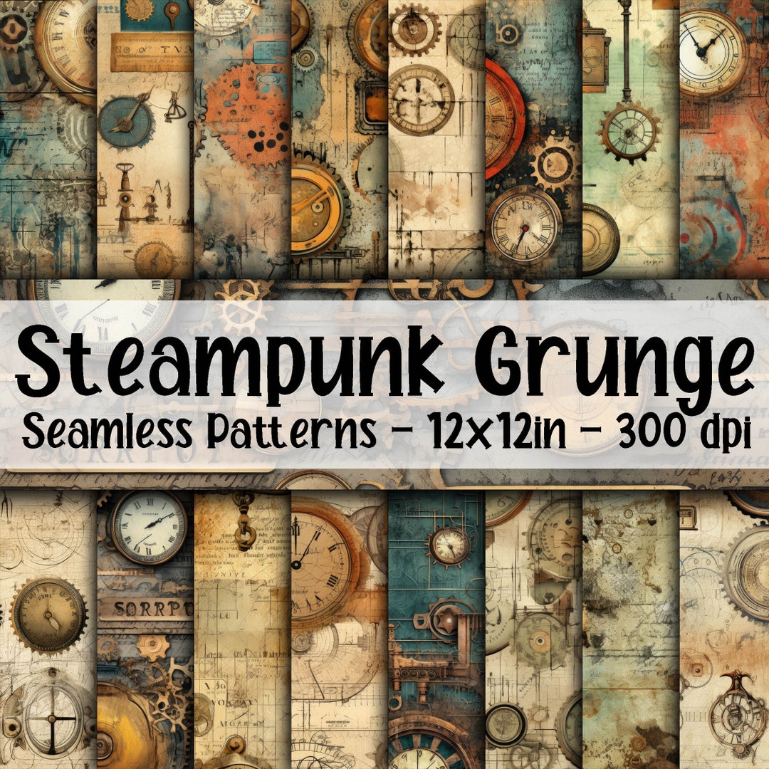 Steampunk Grunge SEAMLESS Patterns - Steampunk Ephemera Digital Paper - 16 Designs - 12x12in ...
