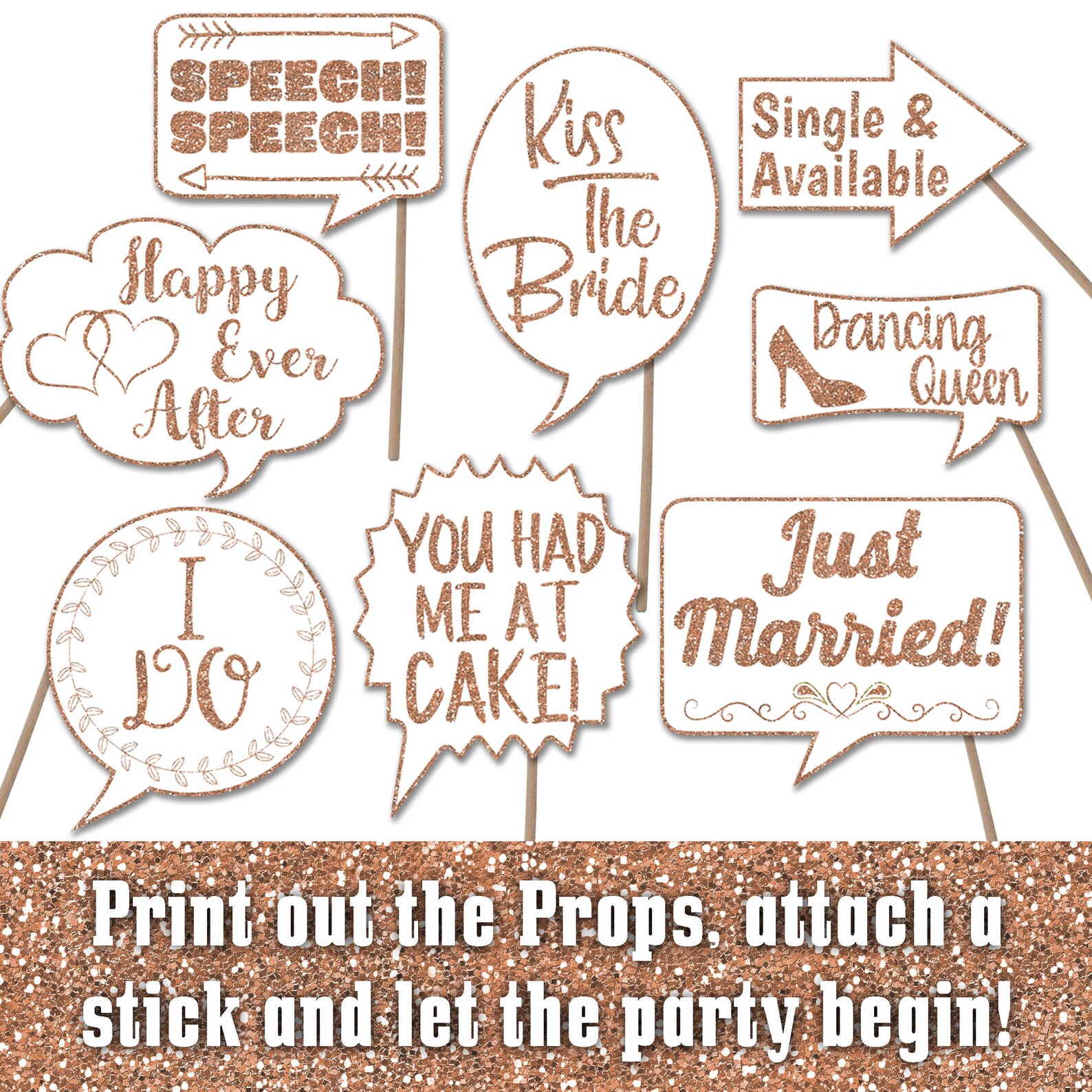 Wedding Photo Booth Prop Signs and Decorations - Rose Gold Glitter ...