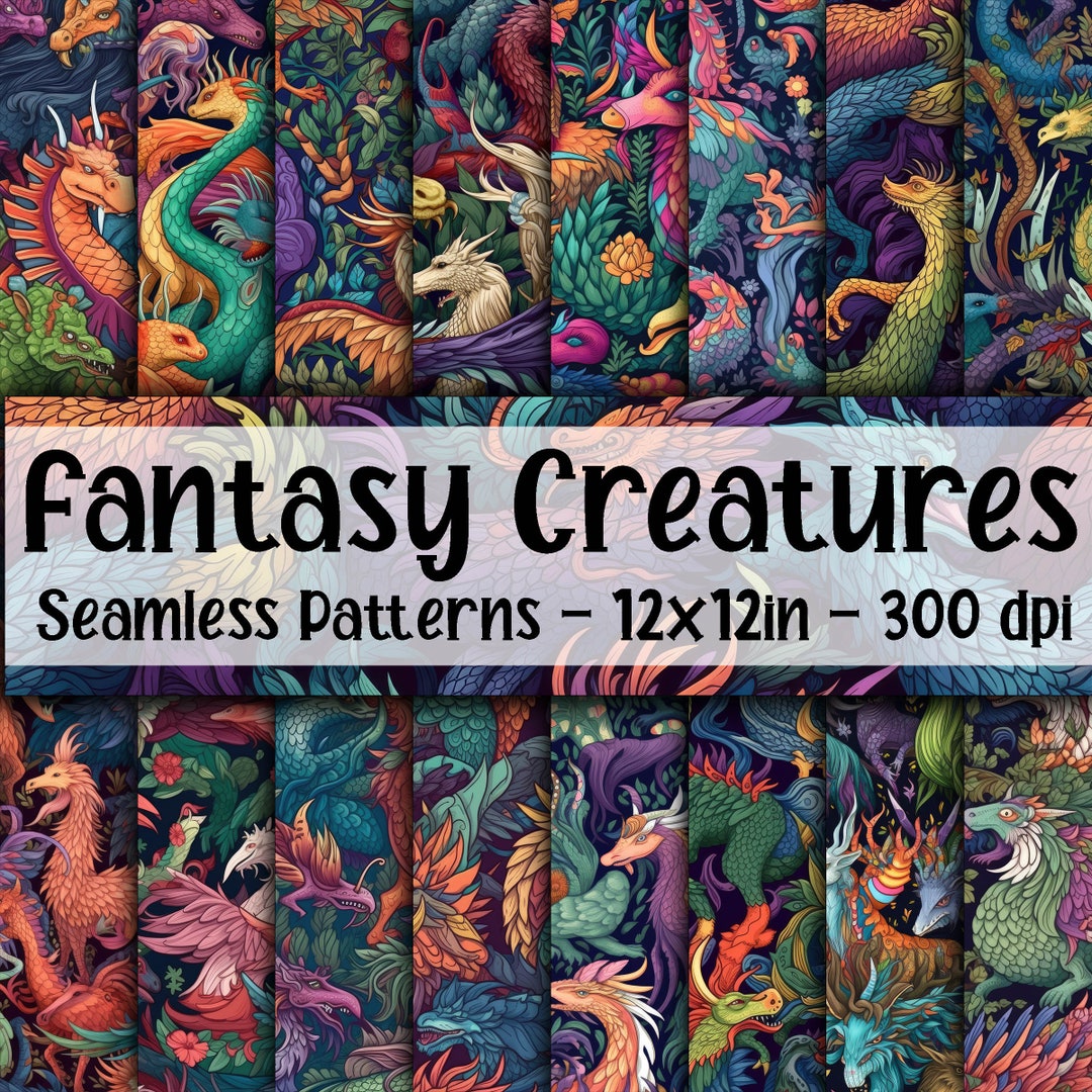 Fantasy Creatures SEAMLESS Patterns - Dragons Digital Paper - 16 ...