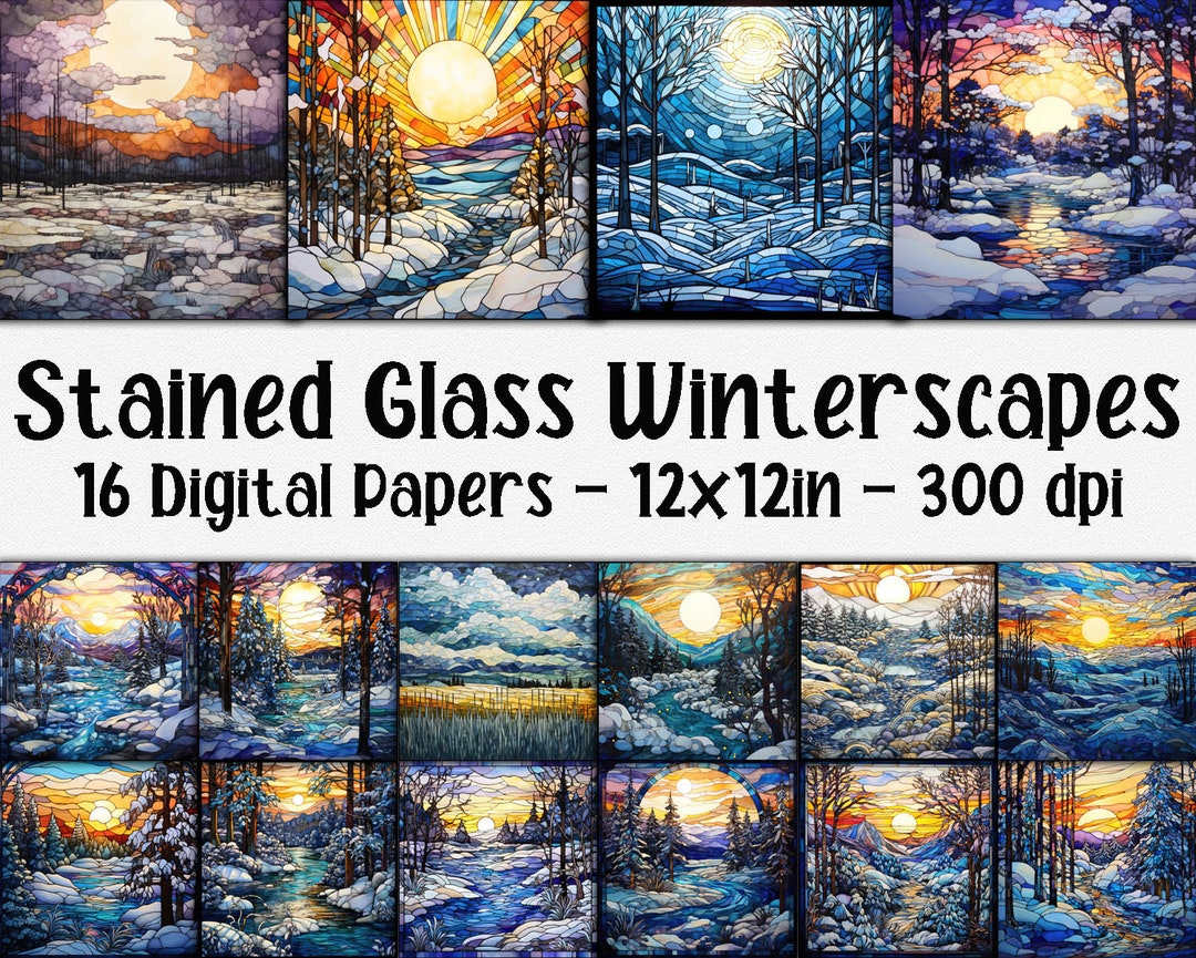 Stained Glass Winter Landscapes Digital Papers - Winterscapes Stained ...