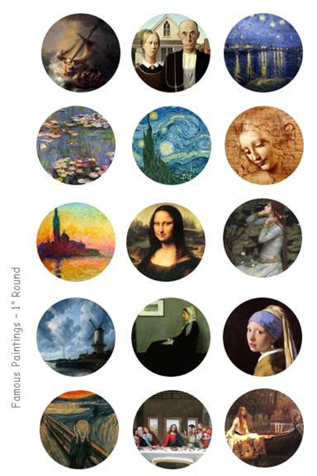 Famous Paintings - 4 X 6 Digital Collage Sheet - 1 Inch Round Circles ...