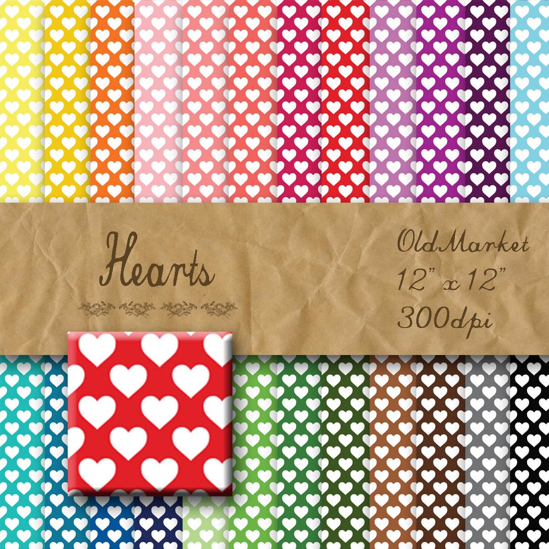 Hearts Digital Paper - Colorful Heart Backgrounds - 24 Colors - 12in X ...