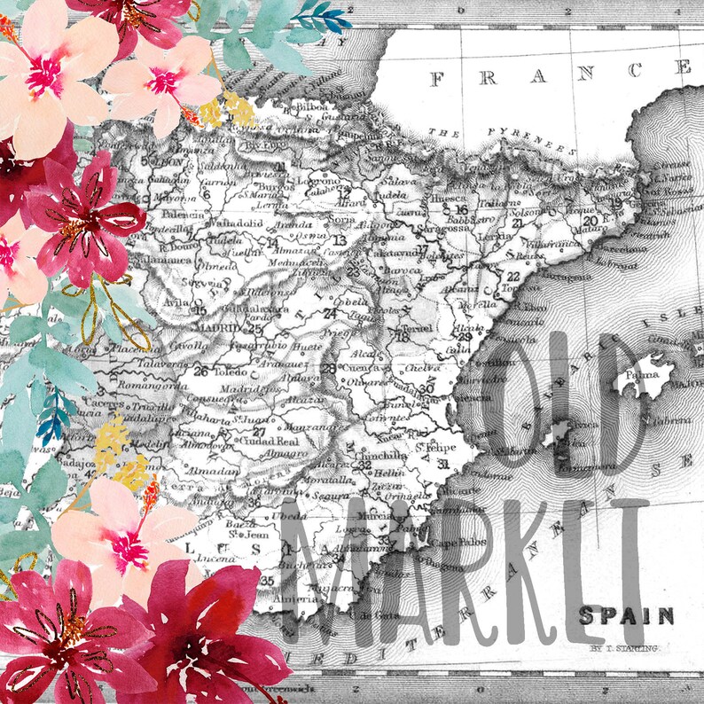 Floral Maps Digital Paper Watercolor Flower and Black and - Etsy