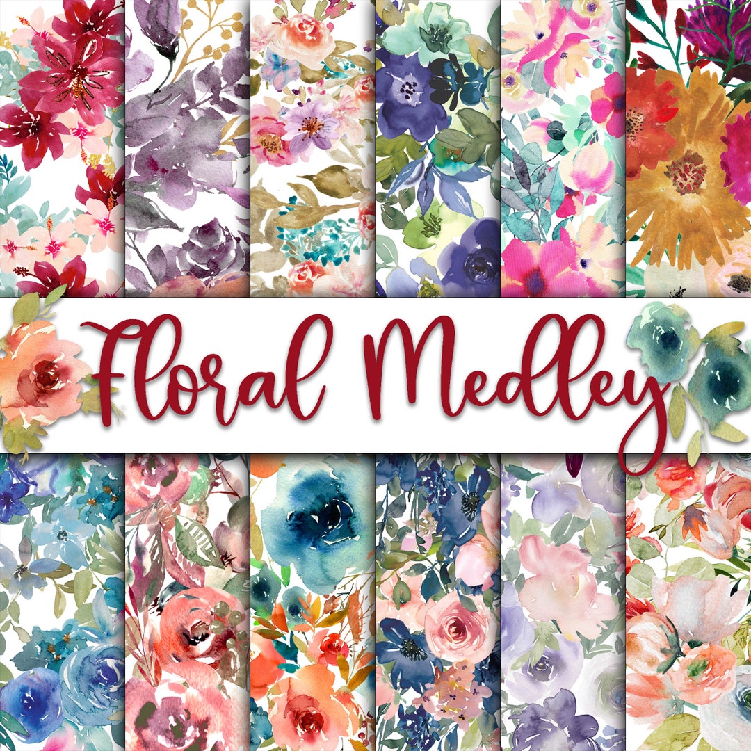 Floral Medley Digital Paper - Watercolor Flower Backgrounds - 12 ...