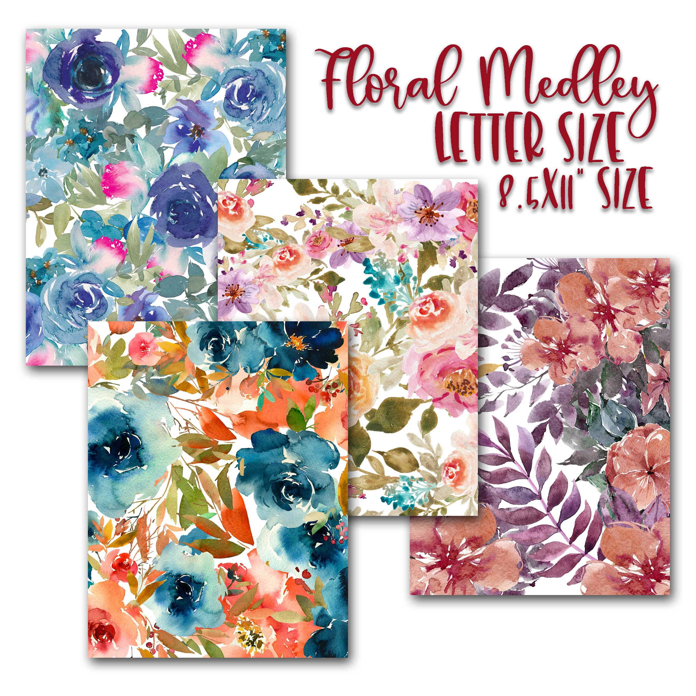 Floral Medley Digital Paper - Letter Size - Watercolor Flower ...