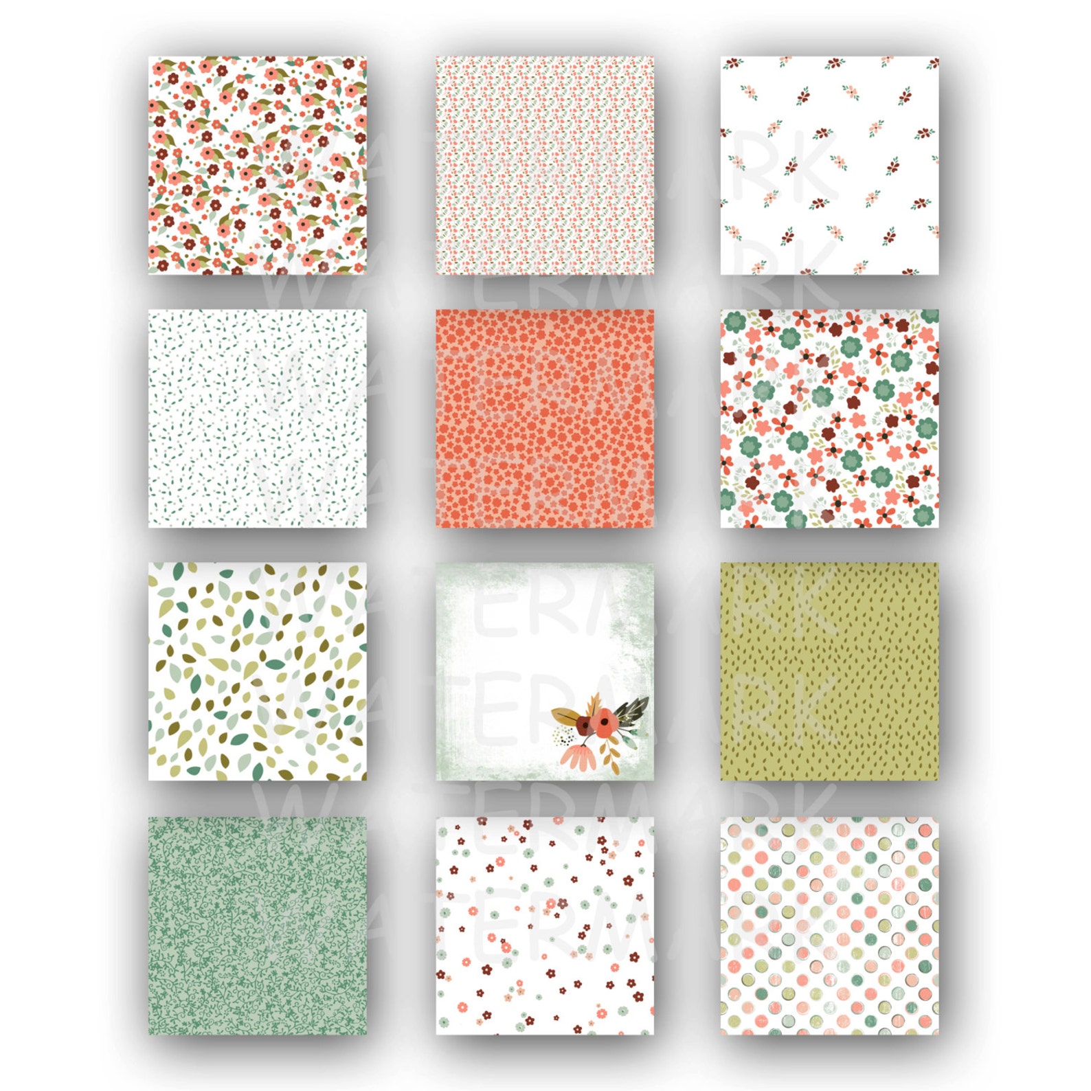 Clean Linen Flowers Digital Paper - Green and Pink Digital Papers - 12 ...