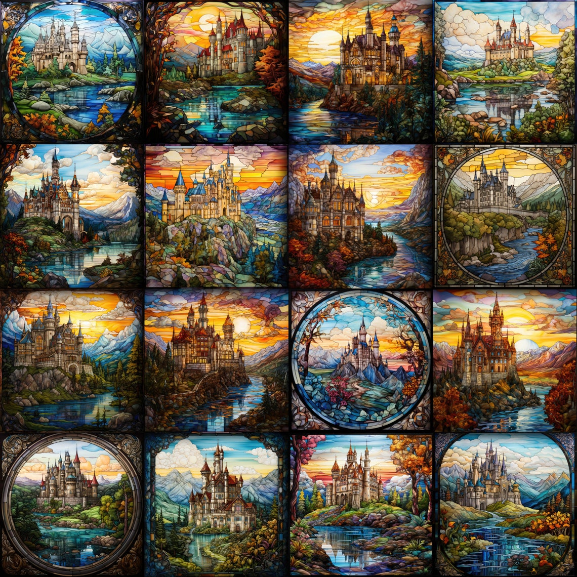 Stained Glass Castles Digital Papers - Castle Stained Glass Backgrounds ...