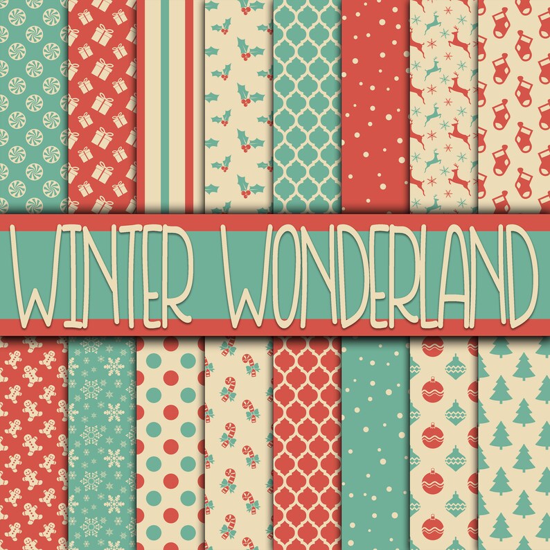 Winter Wonderland Digital Paper Retro Red and Blue Christmas - Etsy