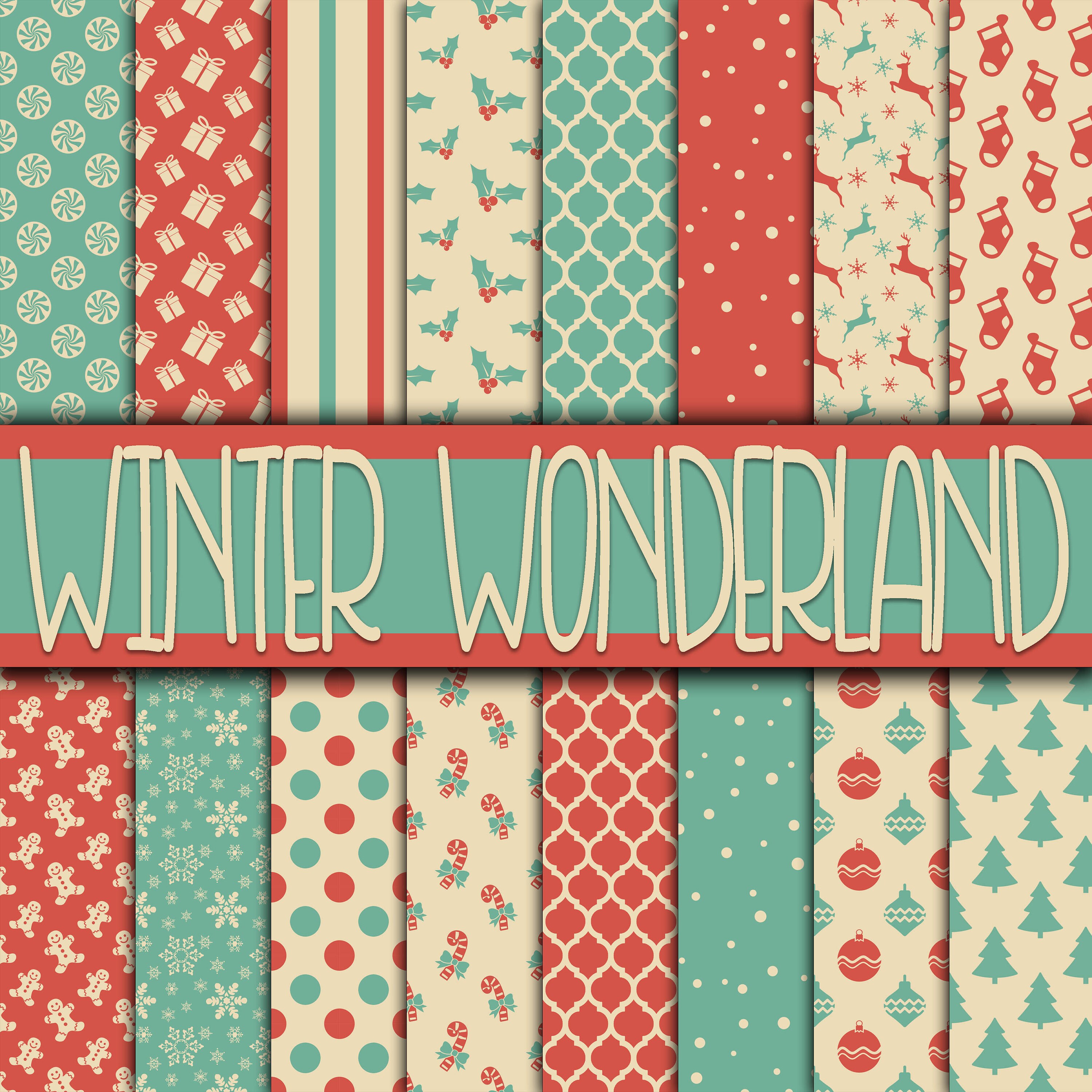 Winter Wonderland Digital Paper Retro Red and Blue Christmas | Etsy
