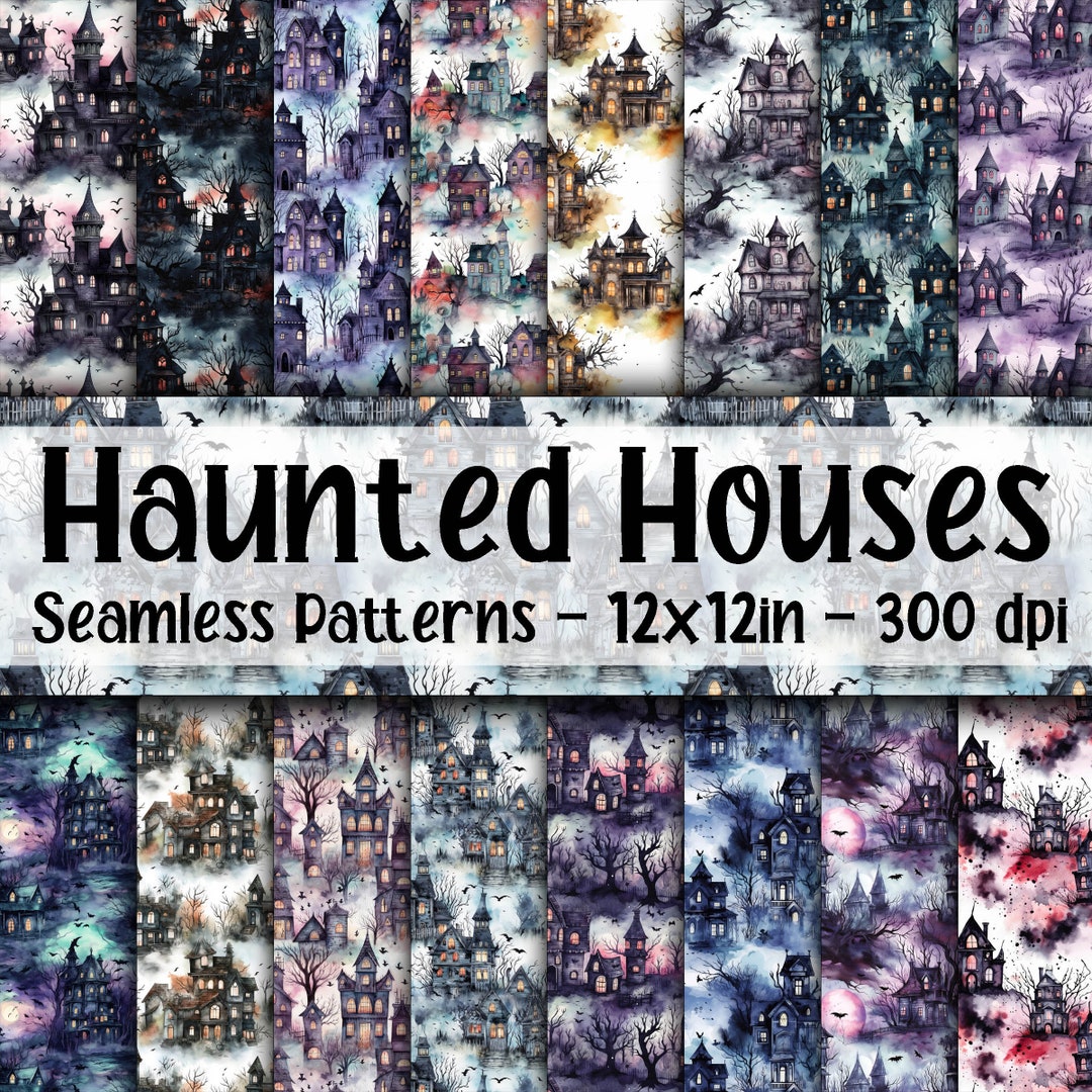 Watercolor Haunted Houses SEAMLESS Patterns - Halloween Digital Paper ...