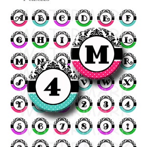 Damask and Dots Alphabet - Digital Collage Sheet - 1 Inch Round Circles ...
