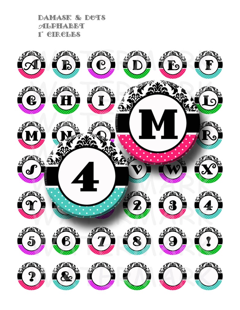 Damask and Dots Alphabet - Digital Collage Sheet - 1 Inch Round Circles ...