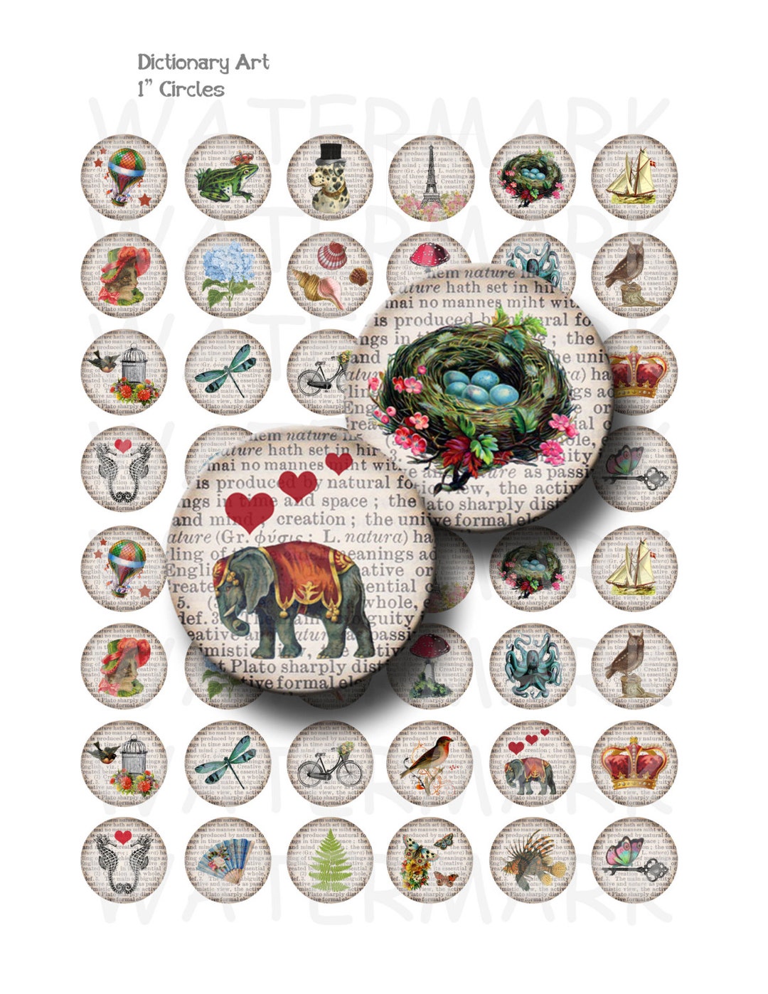 Dictionary Art - Digital Collage Sheet - 1 Inch Round Circles - INSTANT ...