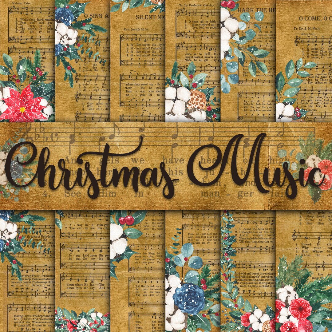 Floral Christmas Music Digital Papers - Christmas Music Backgrounds ...