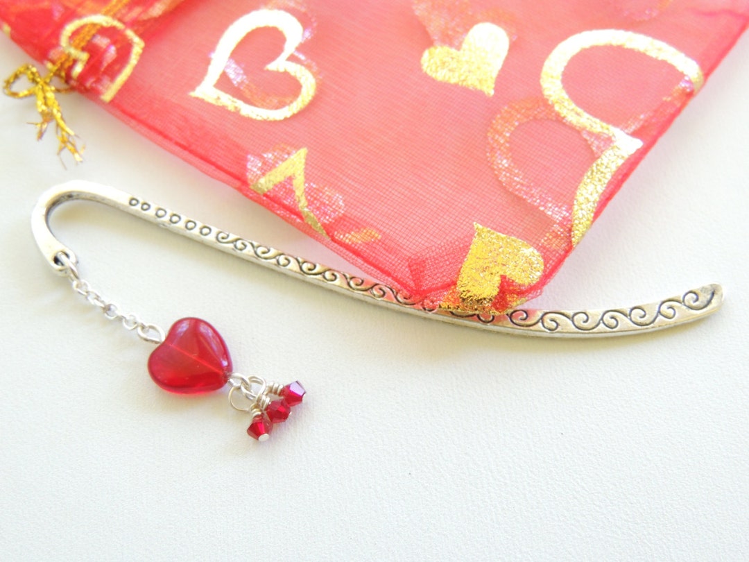 Heart Bookmark, Valentines Day Gift, Metal Bookmark, Red Heart Beaded ...