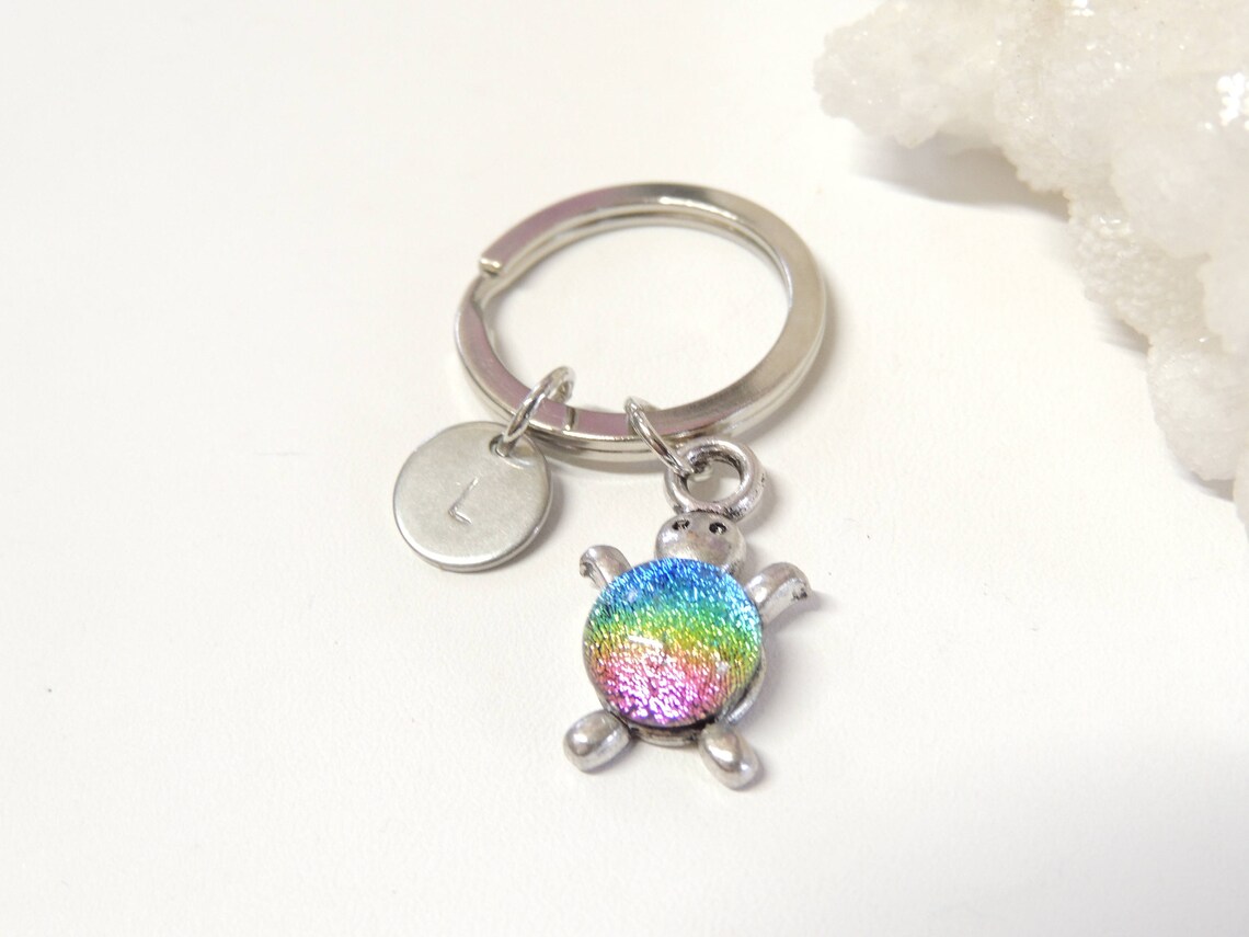 Colorful Turtle Keychain Key Chain With Hand Stamped Initial | Etsy