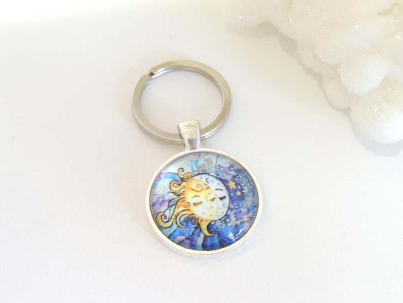 Celestial Sun Moon Keychain, Sun Key Chain, Glass Dome Keychain, Key ...