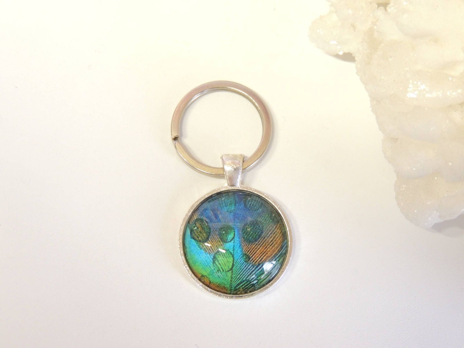 Peacock Feather Keychain Peacock Key Chain Glass Dome | Etsy