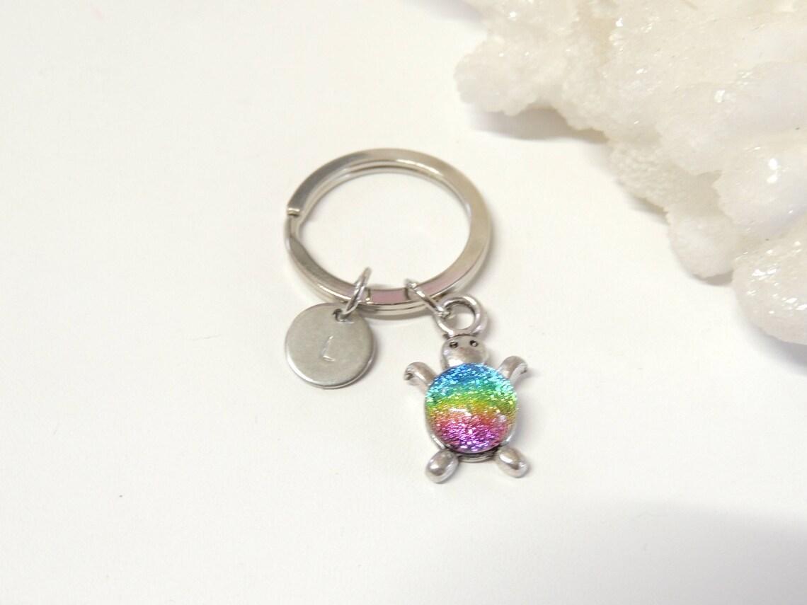 Colorful Turtle Keychain Key Chain With Hand Stamped Initial | Etsy