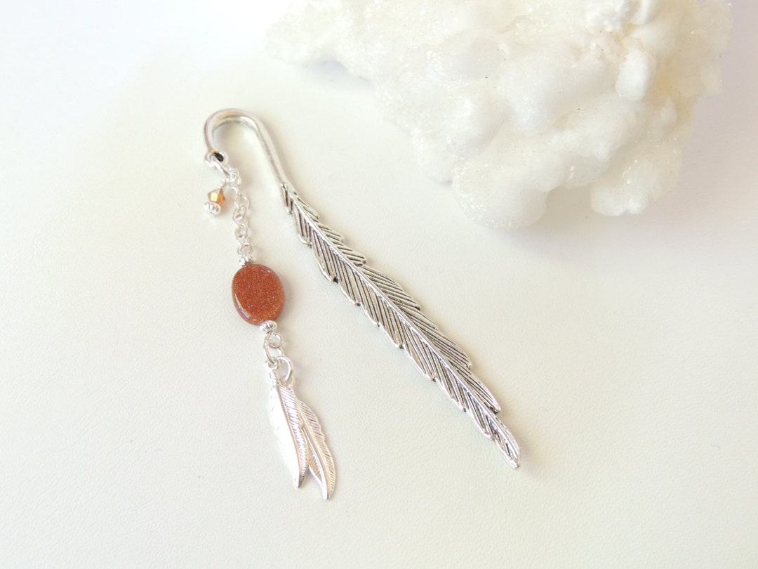 Feather Bookmark With Goldstone, Boho Tribal Feather Bookmark, Metal ...