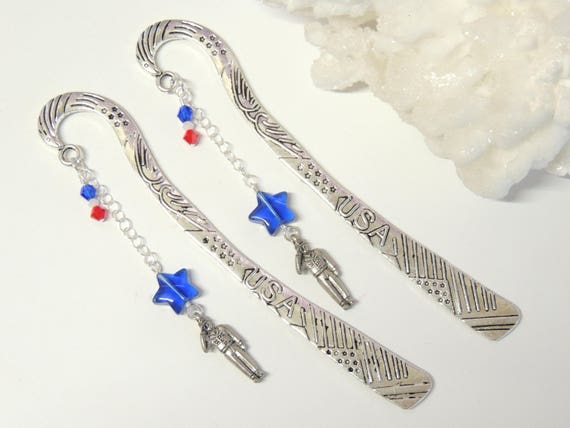 USA Patriotic Bookmark with Soldier Charm Red White Blue | Etsy