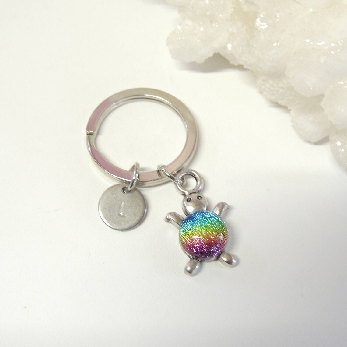 Colorful Turtle Keychain Key Chain With Hand Stamped Initial | Etsy