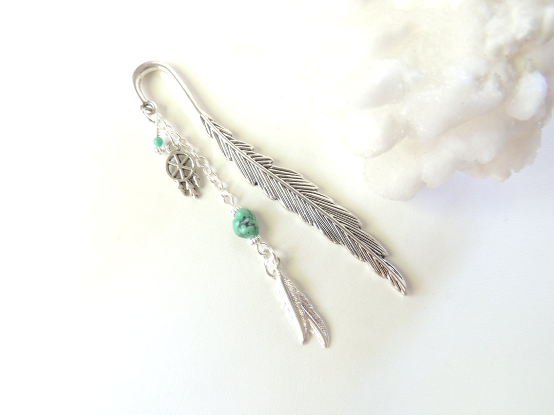 Turquoise Feather Bookmark, Boho Tribal Feather Bookmark, Metal ...