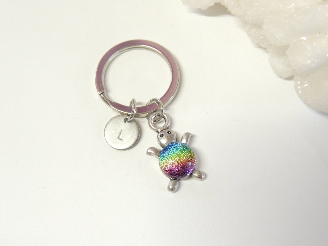Colorful Turtle Keychain Key Chain With Hand Stamped Initial | Etsy