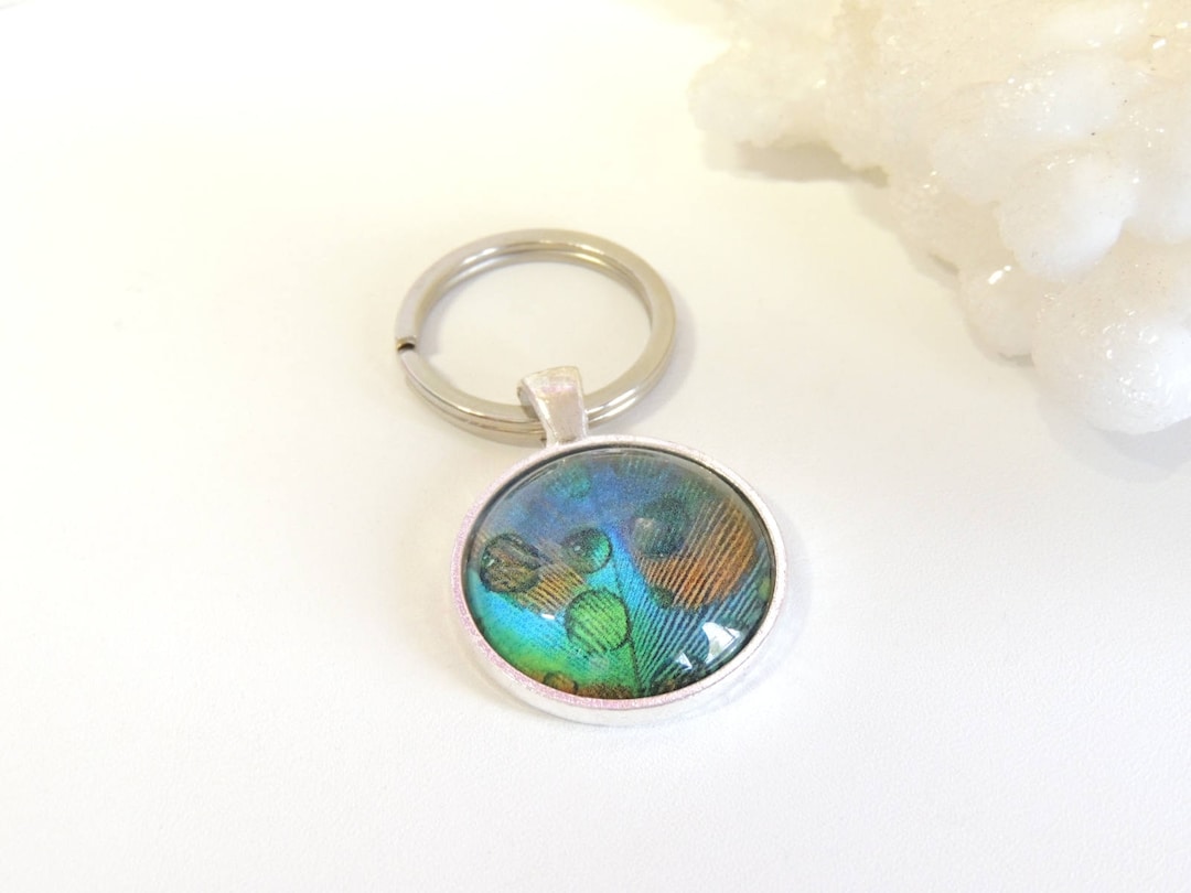 Peacock Feather Keychain, Peacock Key Chain, Glass Dome Keychain, Key ...