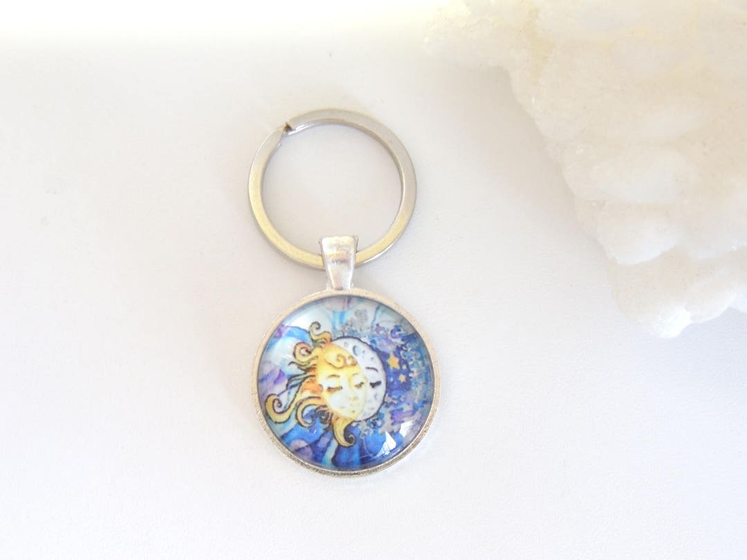Celestial Sun Moon Keychain, Sun Key Chain, Glass Dome Keychain, Key ...