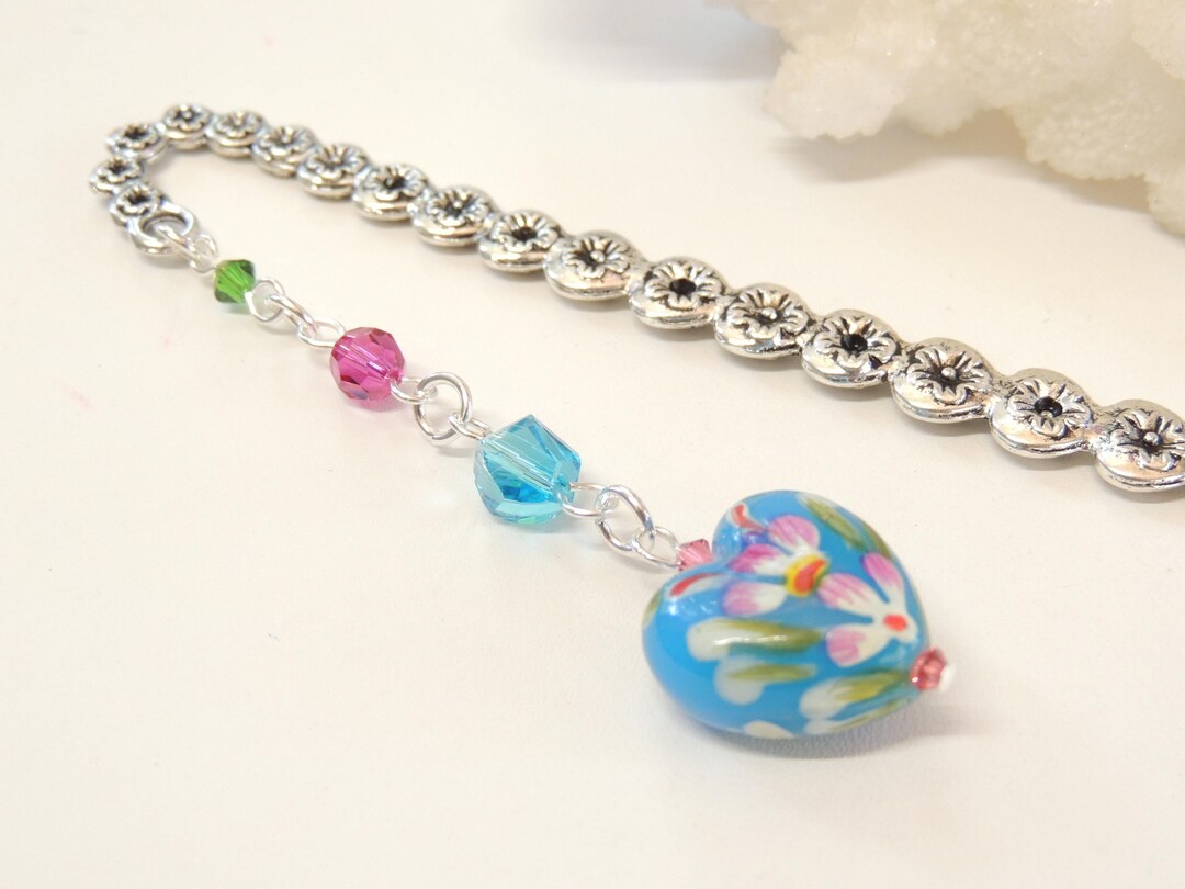 Colorful Glass Heart Bookmark, Metal Bookmark, Mothers Day Gift, Beaded ...