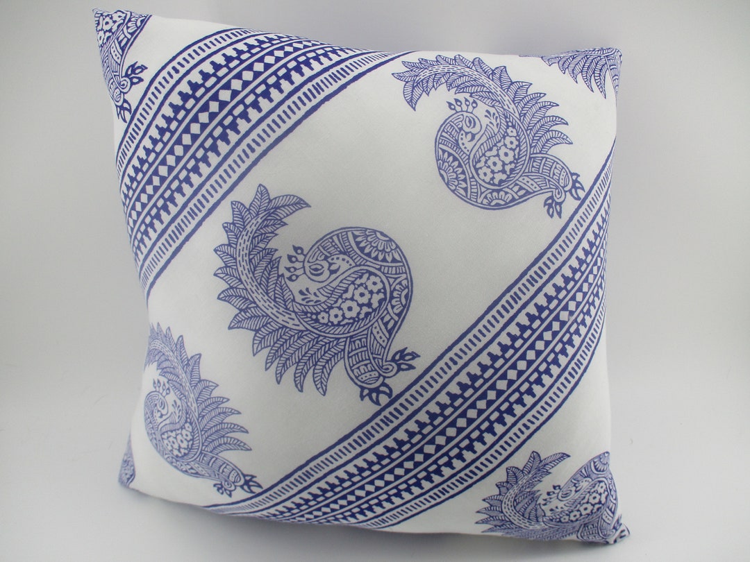 Blue Exotic Phoenix Bird on White Pillow, Cotton Poplin, Crisscross ...