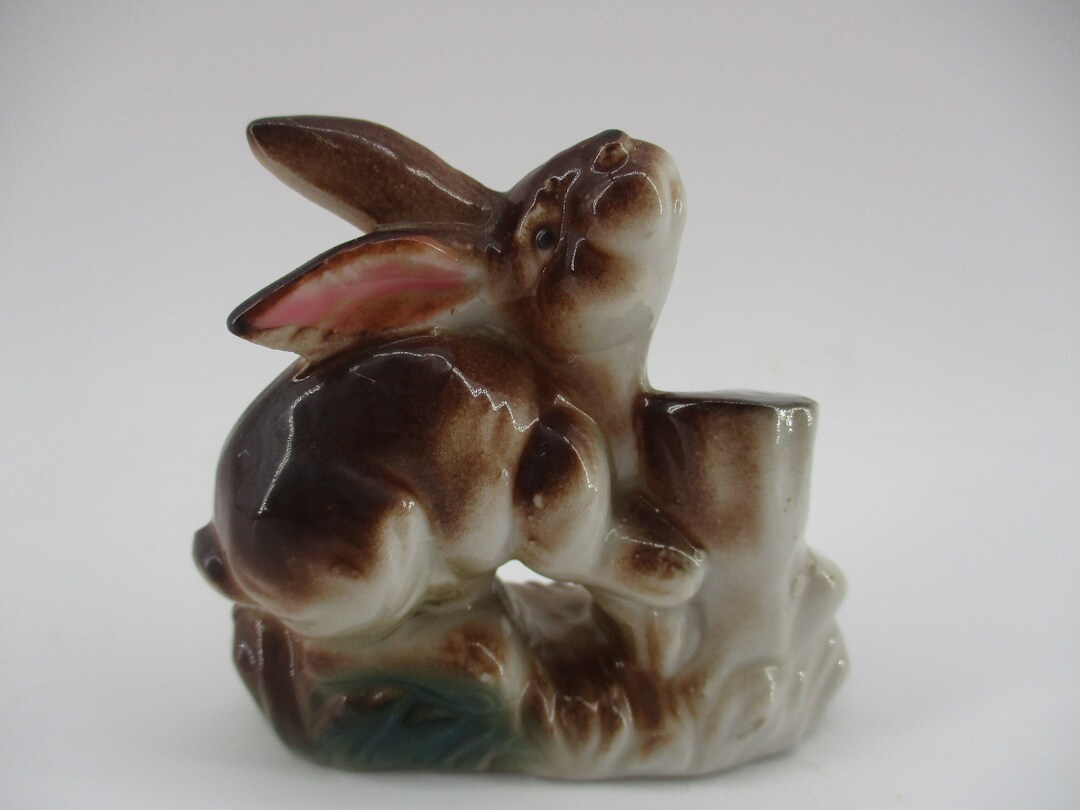 3" Vintage Bunny Rabbit Ceramic With Tree Stump and Grass, Mint ...