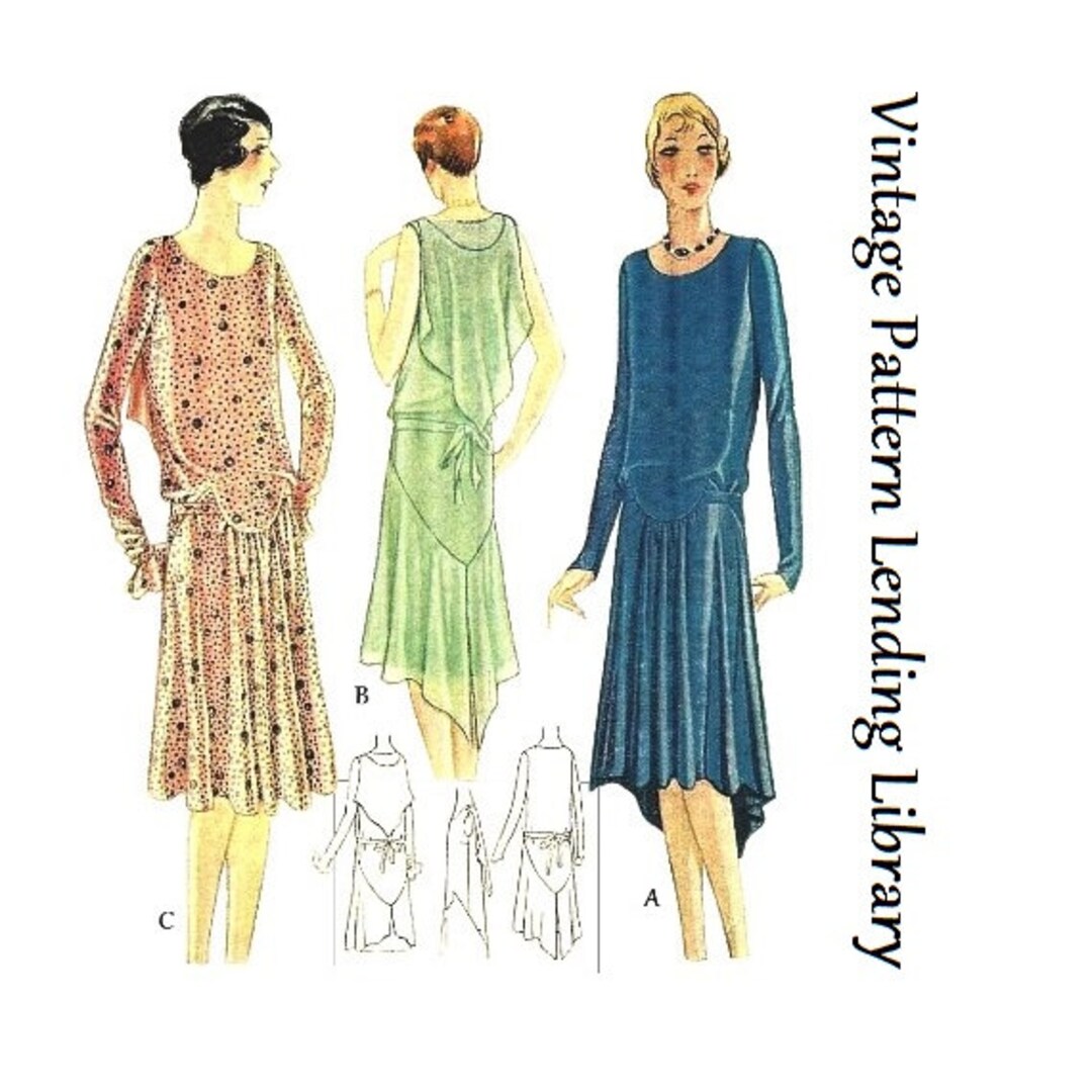 1920s Ladies Dress With Shoulder Drape Reproduction 1928 Sewing Pattern ...