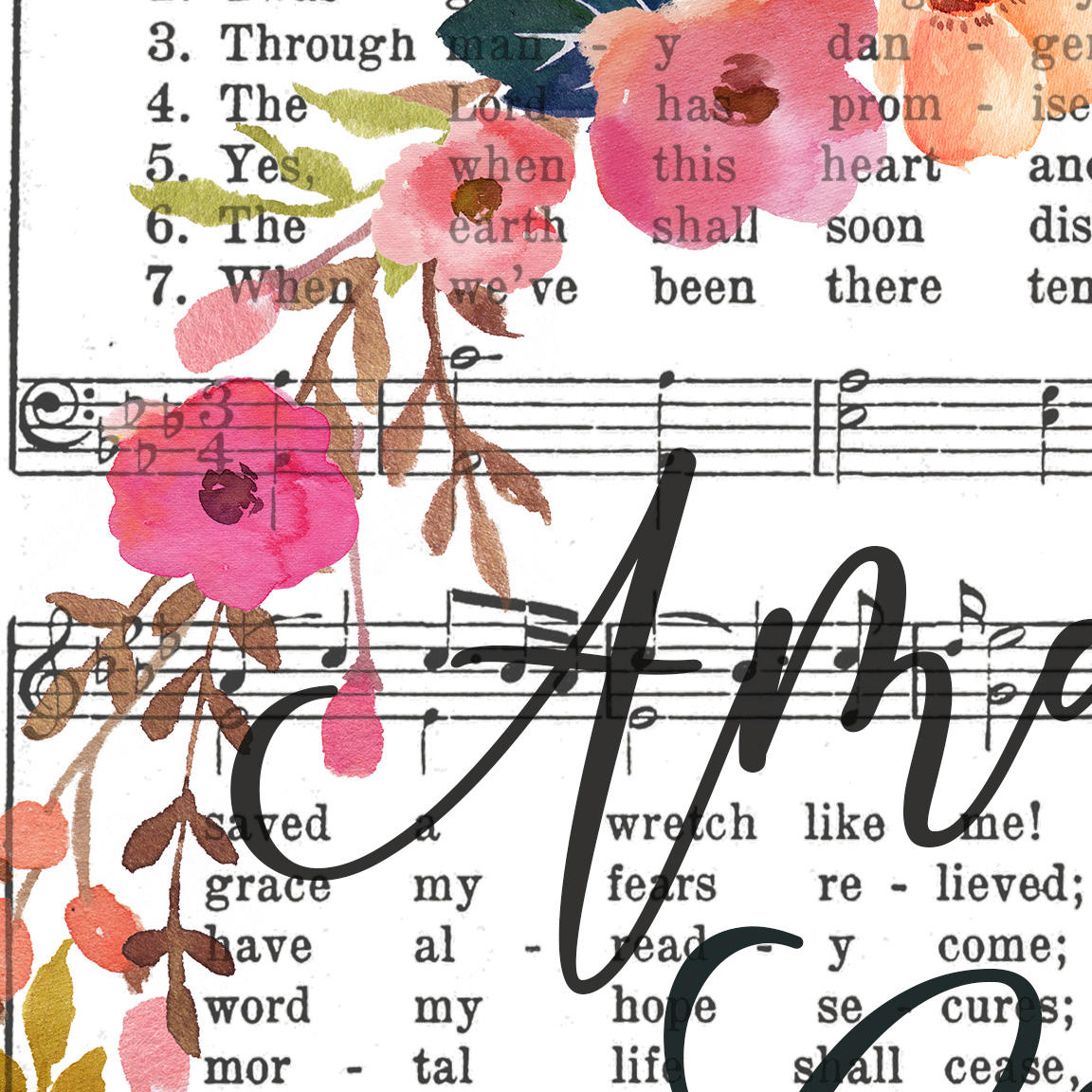 Printable Amazing Grace Hymn Art, Watercolor Floral Print — Down the ...