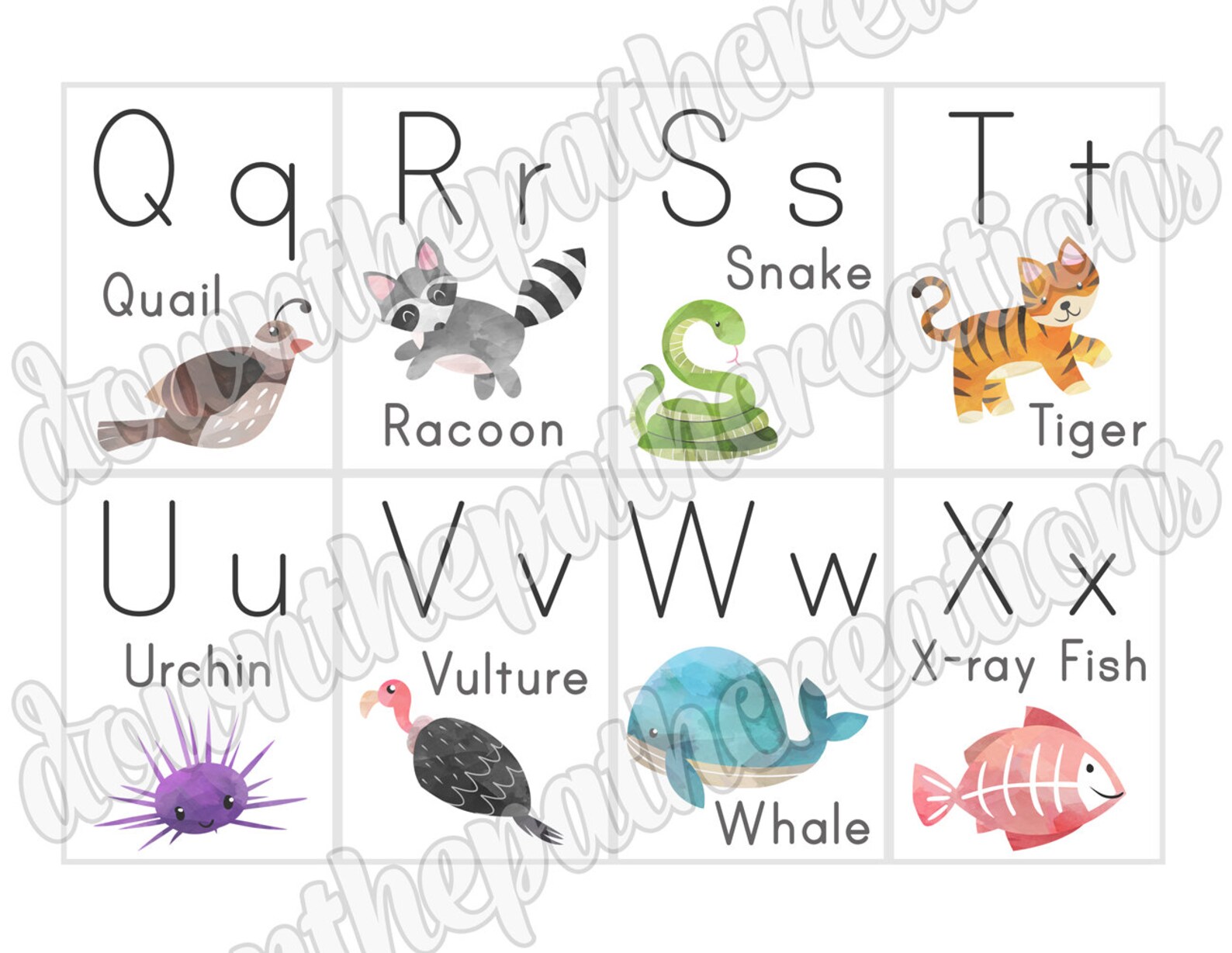 Alphabet Cards Watercolor Animals, Instant Download, Montessori ...