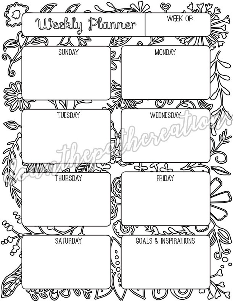 Adult Coloring Weekly Planner Printable Pages Instant - Etsy