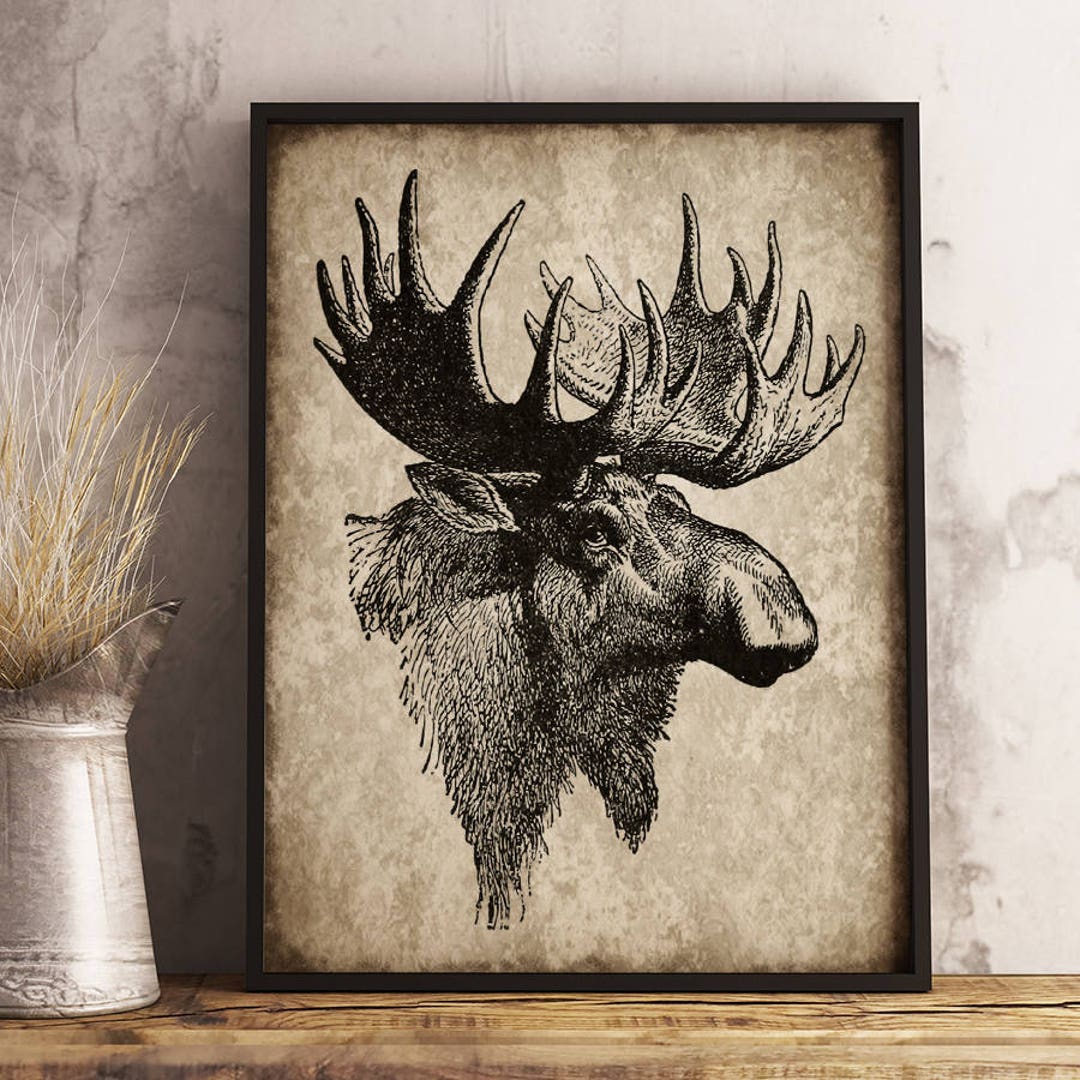 Moose Print, Printable Vintage Illustration, Instant Download, Rustic ...