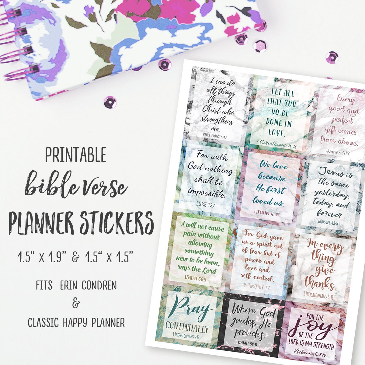 Printable Bible Verse Marble Planner Stickers, Instant Download, Erin ...