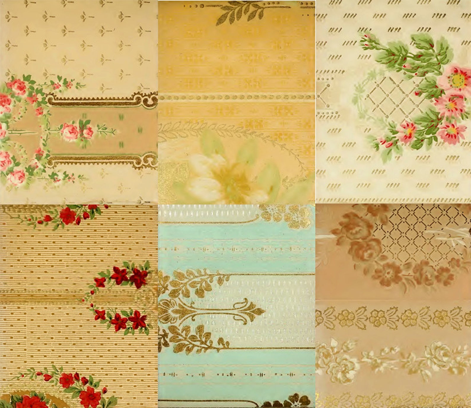 Vintage Victorian Wall Paper With Glitter Gold Accents 12 Papers ...