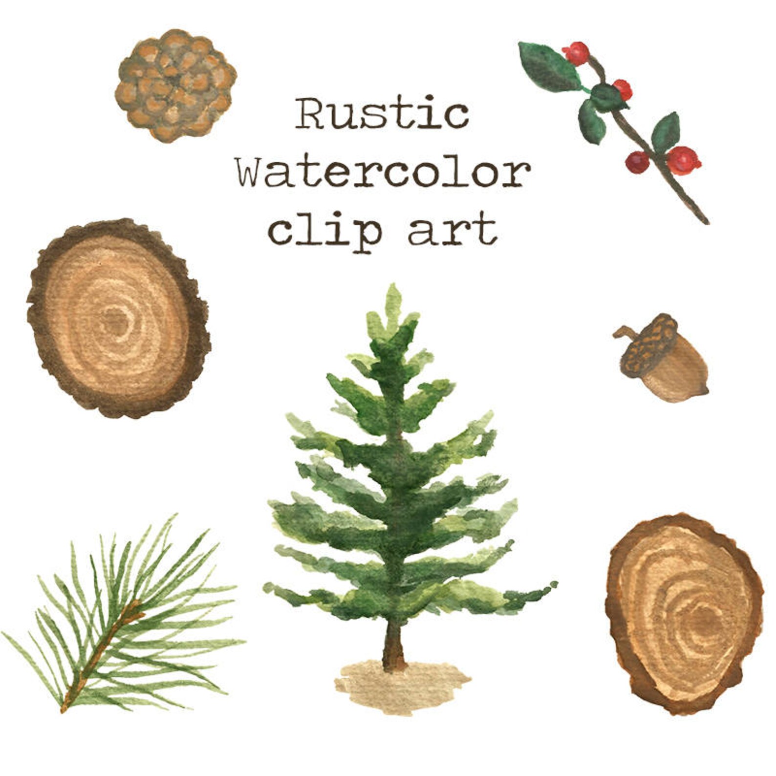 Rustic Watercolor Clip Art Set Pine Tree Painting Wood | Etsy